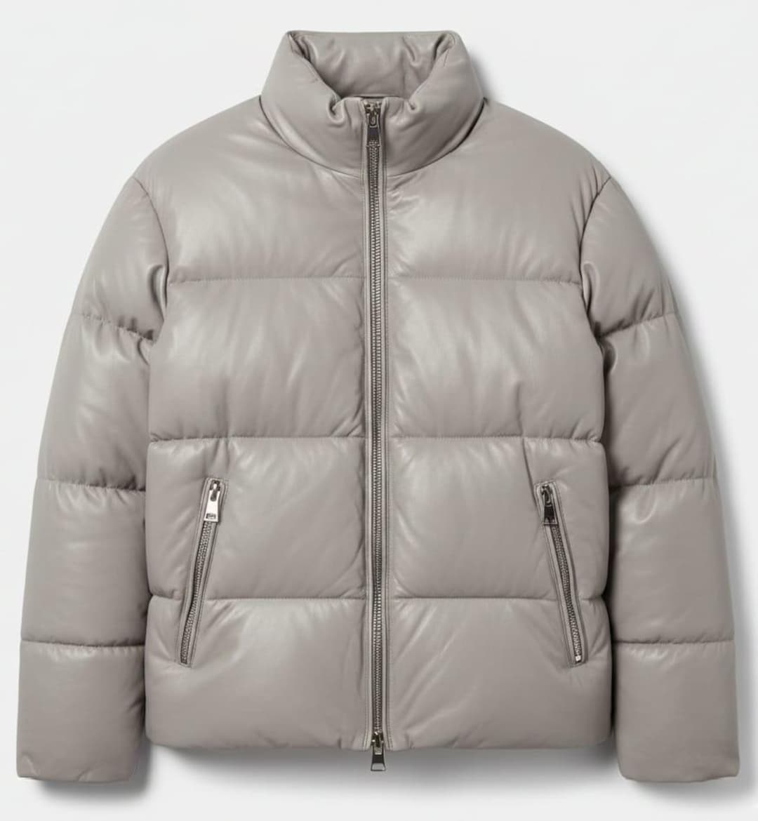 Men’s Light Grey Puffer Leather Jacket – Pure Real Leather | Handmade ...