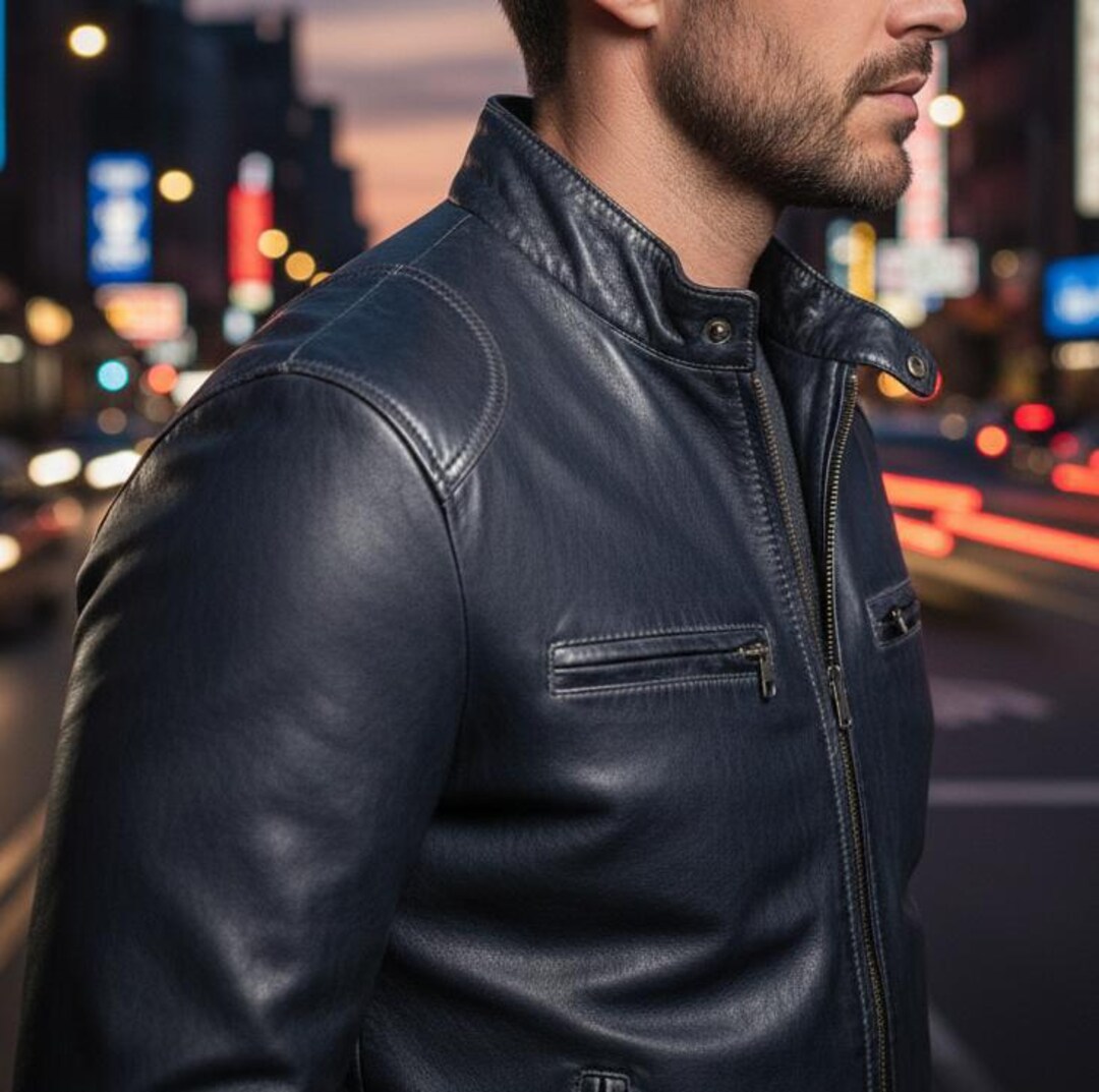 Men's Handmade Blue Leather Biker Jacket | Slim Fit - Etsy