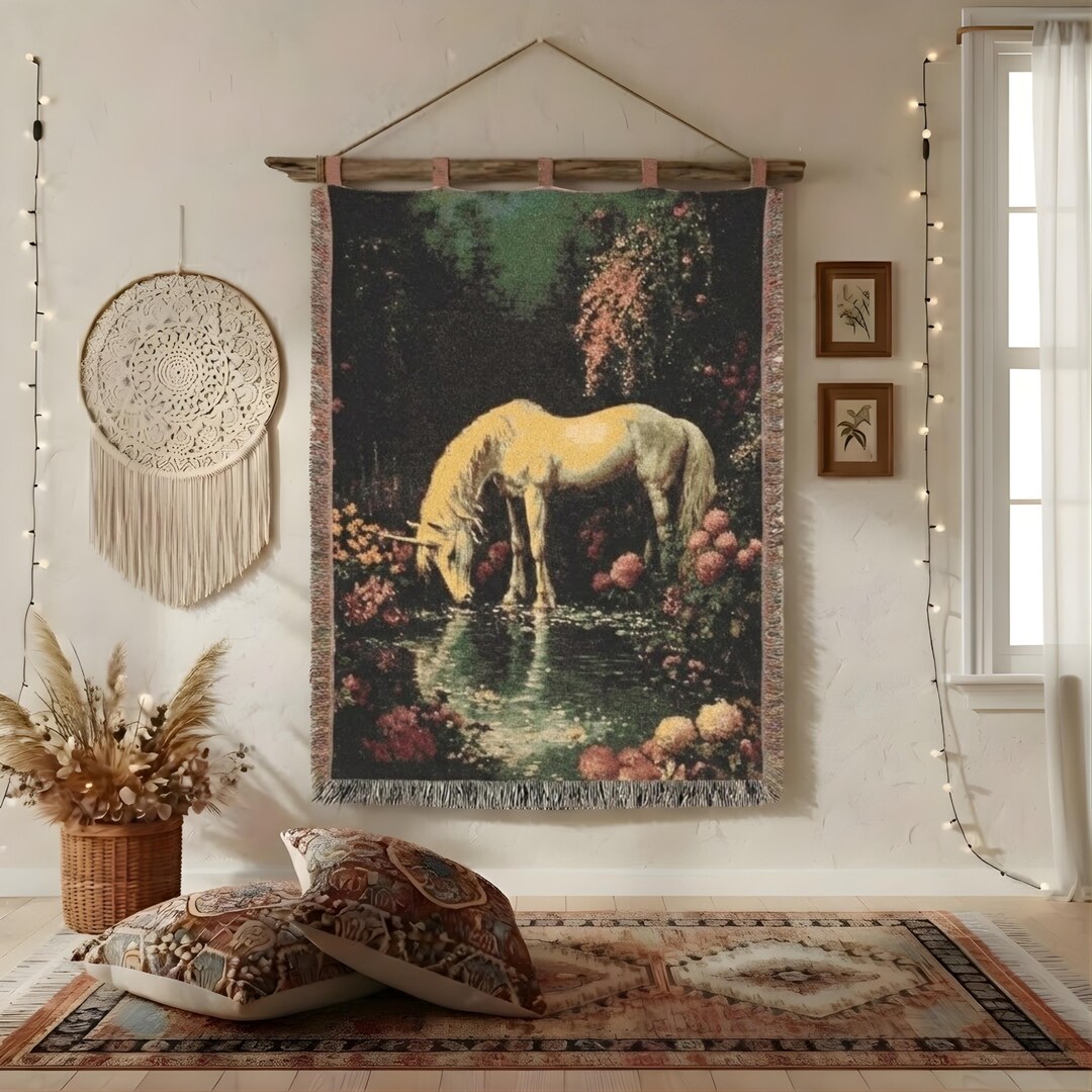 Medieval Unicorn Tapestry, Whimsigoth Gothic Woven Blanket, Dark ...
