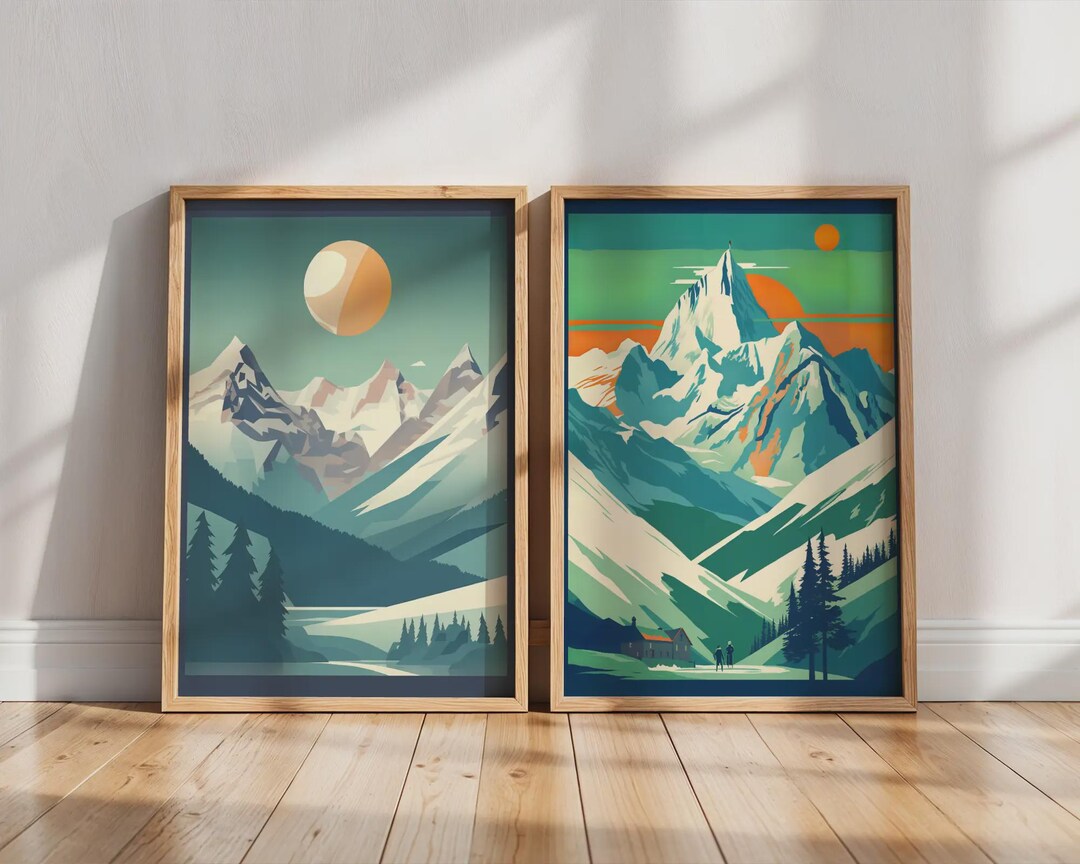 Mountain Wall Art Set of 2, Modern Alpine Landscape Prints, Mid Century ...