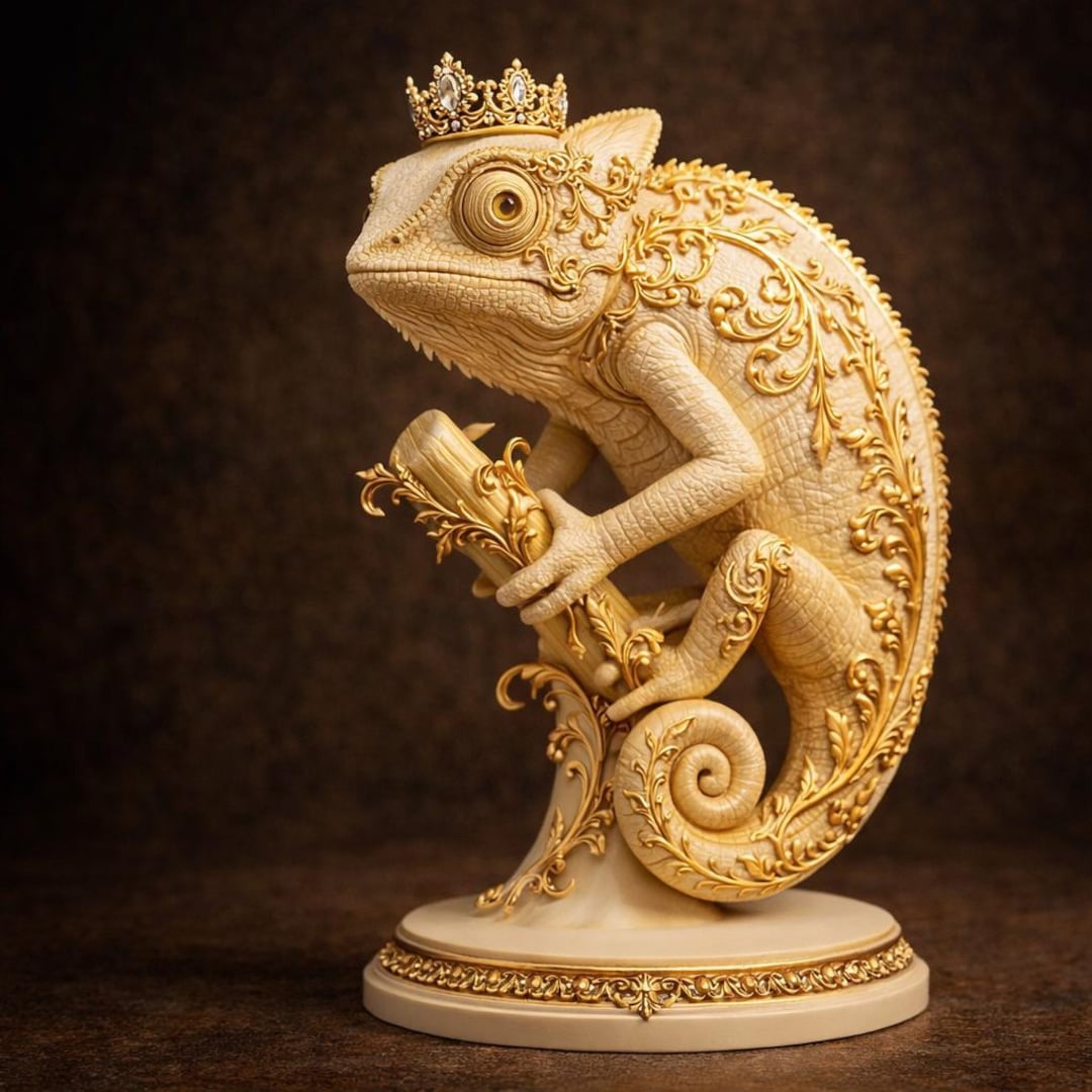 Ivory & Gold Chameleon King Statue – Regal Mythic Art Sculpture, Luxury ...