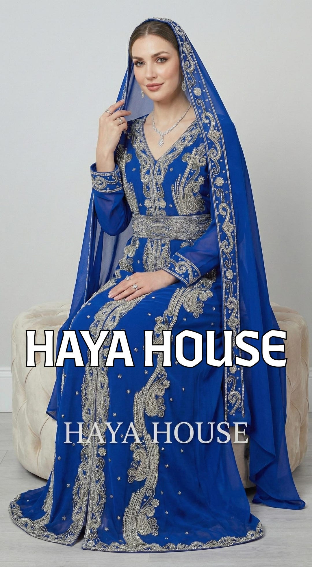 Royal Blue Moroccan Kaftan, Silver Embroidered Takchita, Nikkah Dress ...