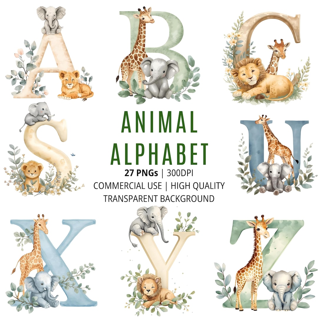 Safari Animal Alphabet Clipart, Watercolor Jungle ABC Letters (digital ...