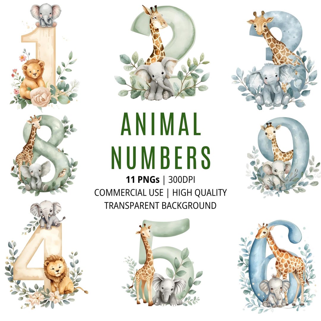 Safari Animal Numbers Clipart, Watercolor Jungle Counting Pngs (instant ...