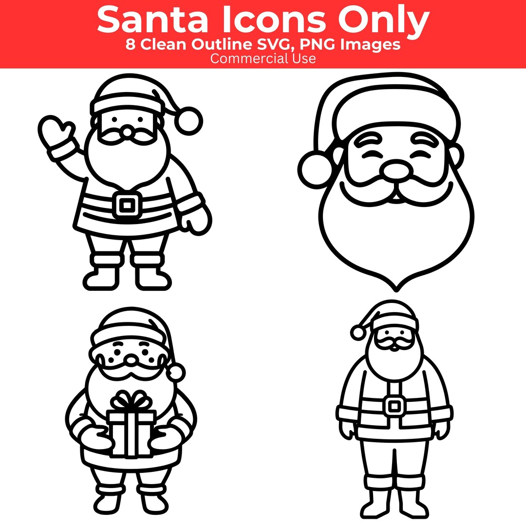 Santa Claus SVG PNG, Clean Outline Christmas Icons, Cricut Holiday SVG ...