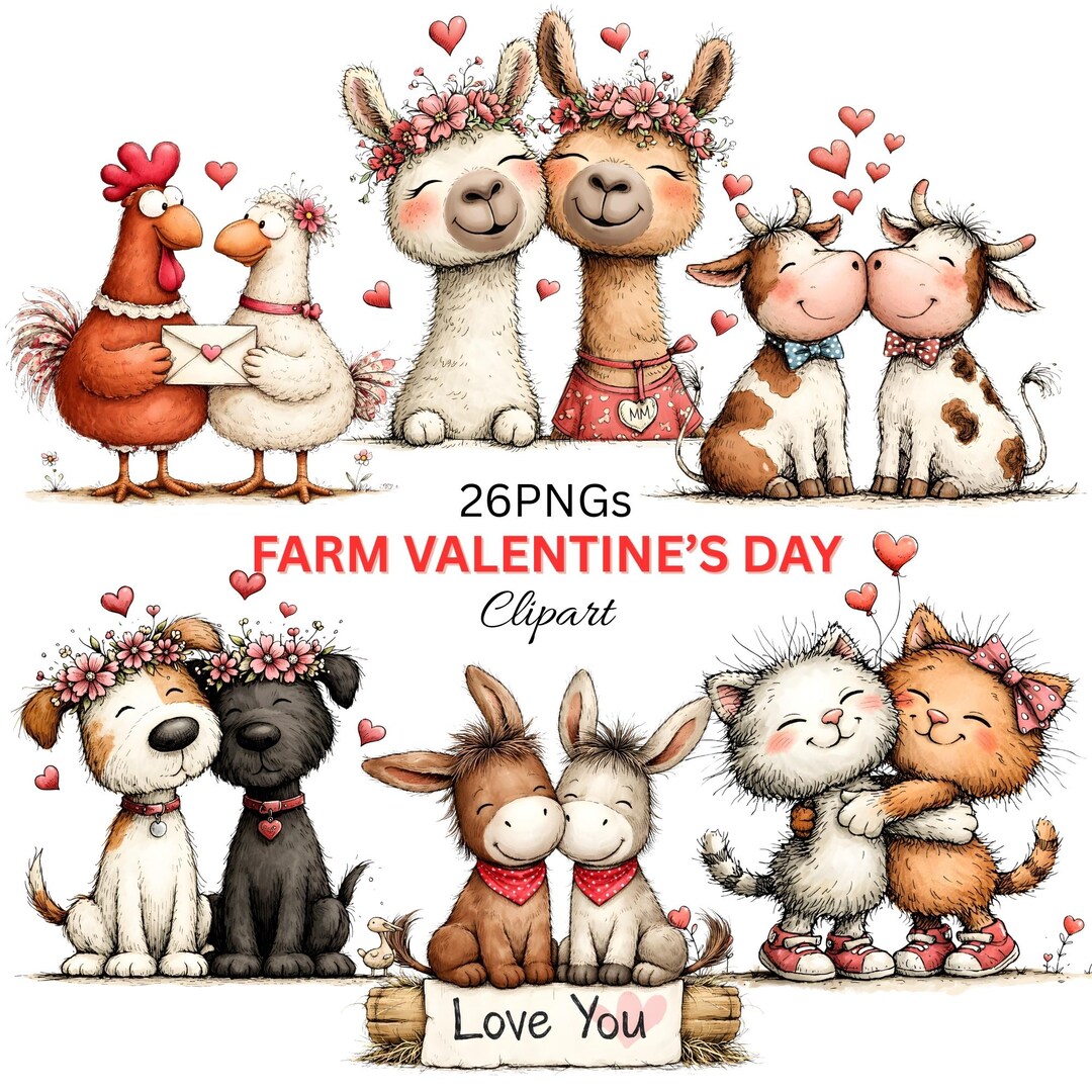 Watercolor Farm Animal Valentine Clipart – Couples PNG (digital ...