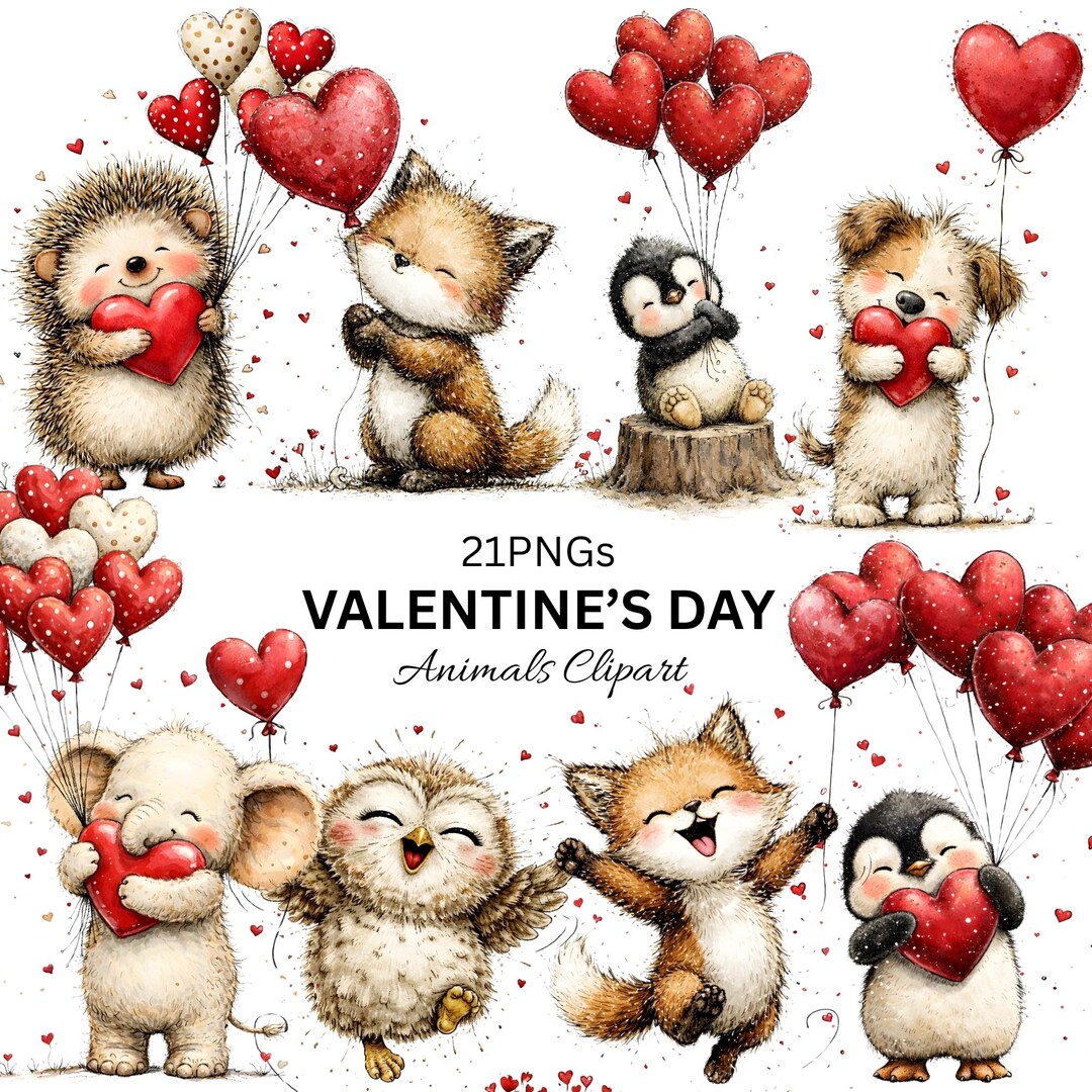 Cute Valentine Animals Clipart PNG – Whimsical Watercolor Animal ...