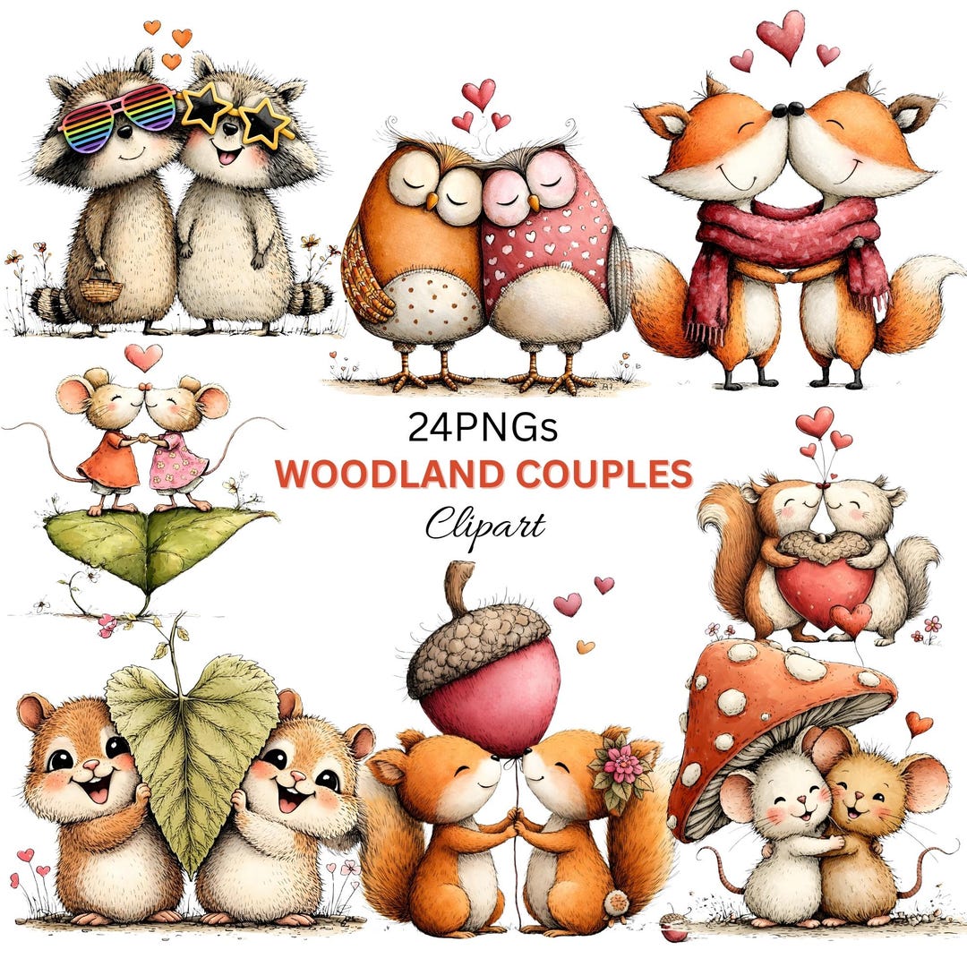 Cute Woodland Animals Valentine Clipart PNG – Whimsical Watercolor ...