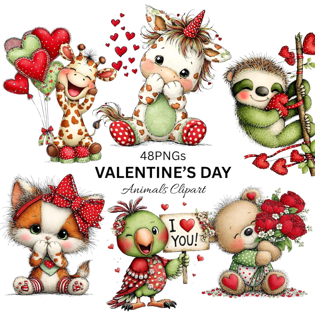 Cute Valentine Animals Clipart Bundle PNG – Whimsical Love Animal ...
