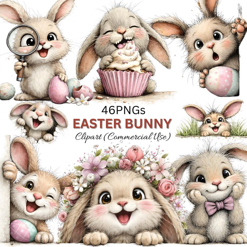 Watercolor Easter Bunny Clipart Bundle, Spring Rabbit Illustration ...