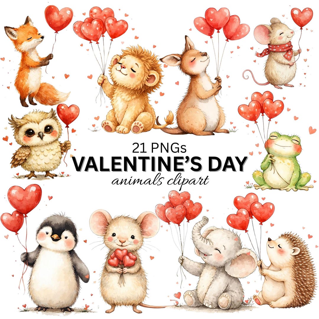 Cute Animals Valentine Clipart PNG, Watercolor Love Animals, Owl Bunny ...