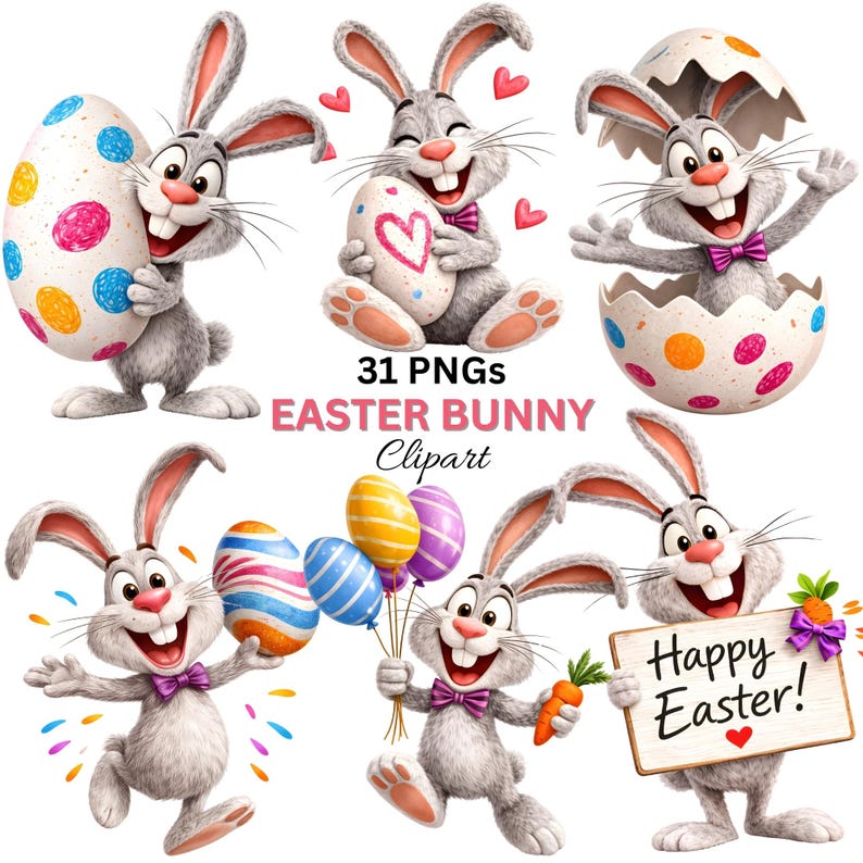 Cartoon Easter Bunny Clipart Bundle, Spring Rabbit Illustrations (31 ...