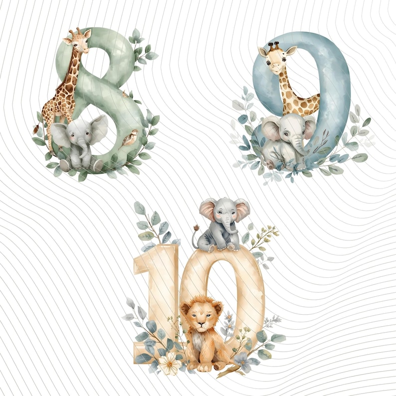 Safari Animal Numbers Clipart, Watercolor Jungle Counting Pngs (instant ...
