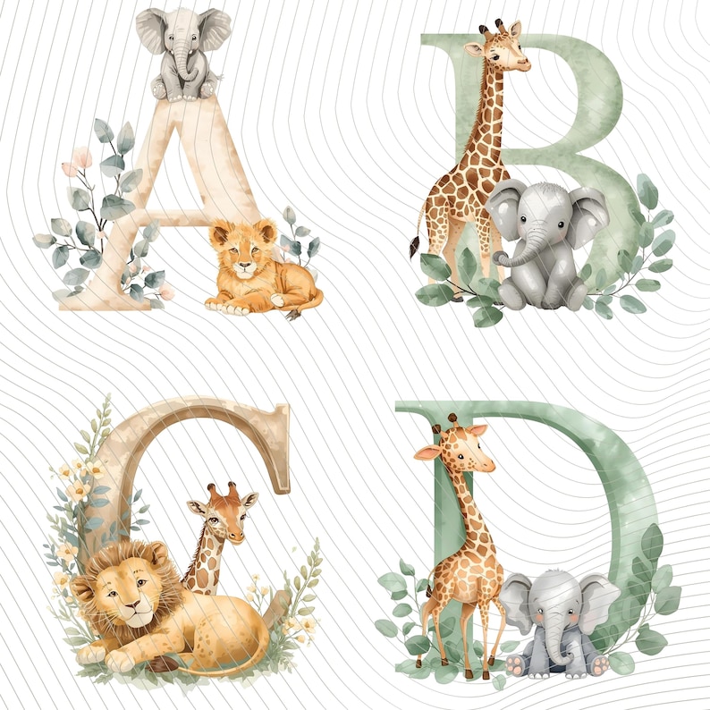 Safari Animal Alphabet Clipart, Watercolor Jungle ABC Letters (digital ...
