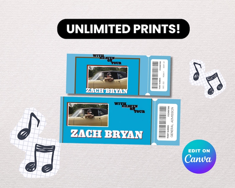 Zach Bryan With Heaven on Tour Ticket - Printable and Editable Canva ...