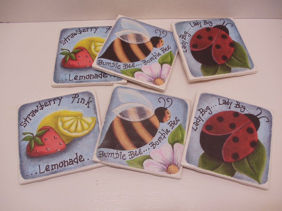 Bee & Ladybug Art Print on Ceramic Tile Coaster Set of 6 - Etsy
