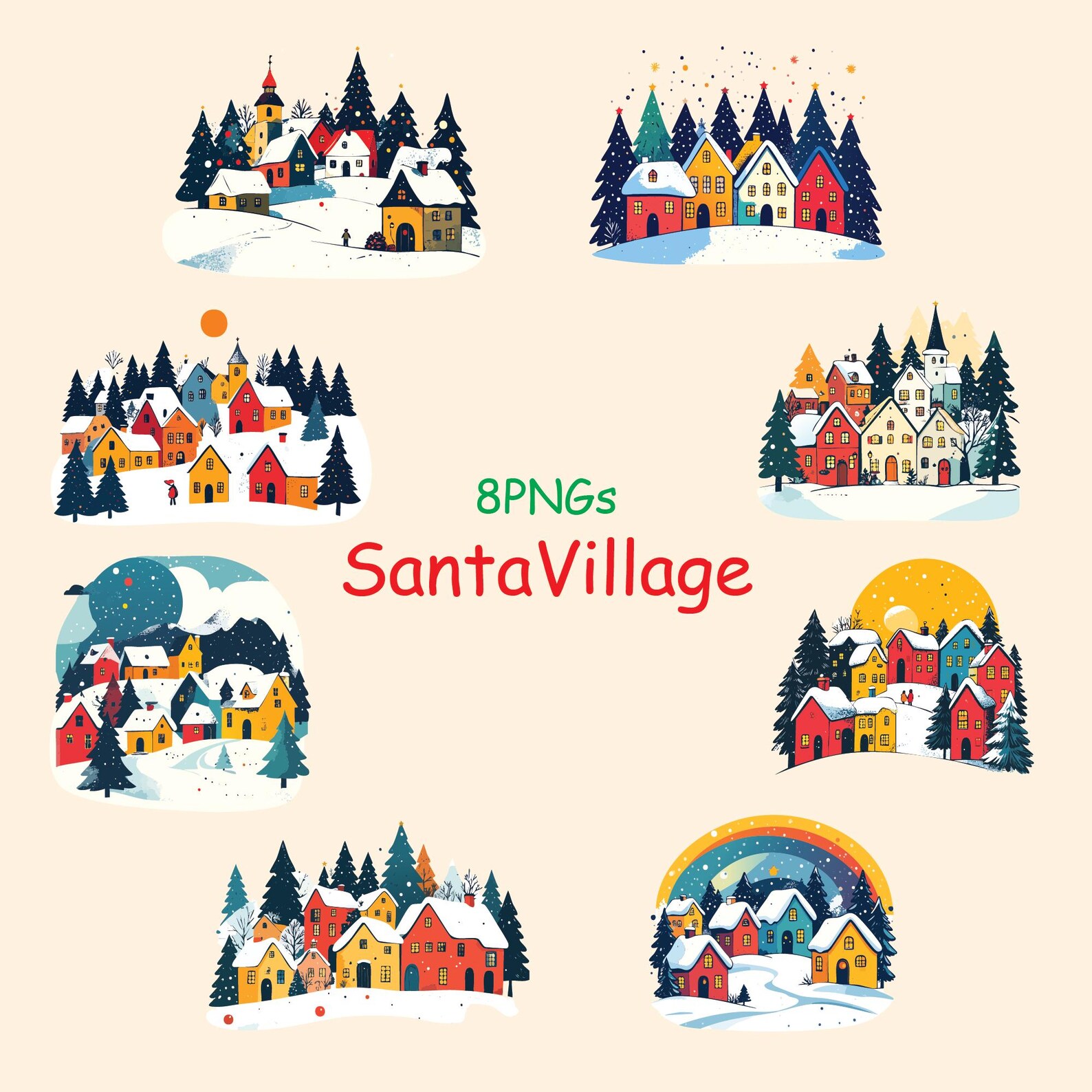 Santa Village Clipart | 8 PNG Winter Houses | Christmas Town ...
