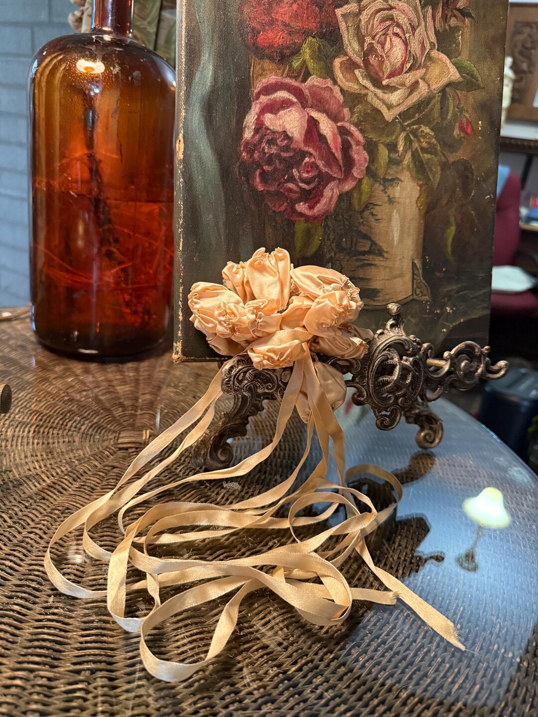 Antique 1920s Handmade Ribbonwork Satin Roses W Streaming Ribbons ...