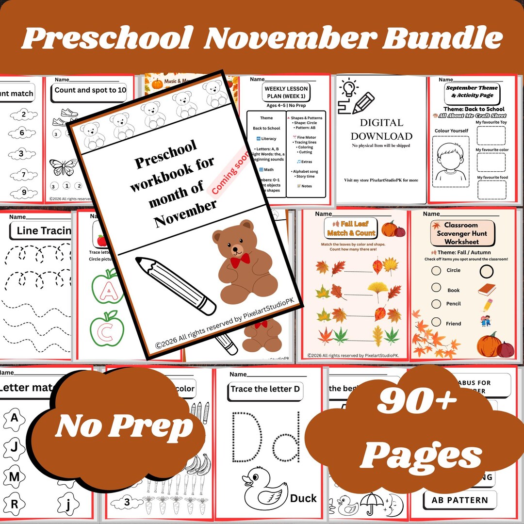 Printable Full Year Preschool Curriculum Worksheets November Focus With ...