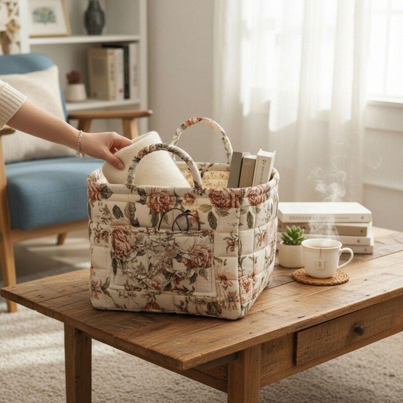 Floral Fabric Storage Basket – Yarn Organizer, Craft Supplies Holder ...