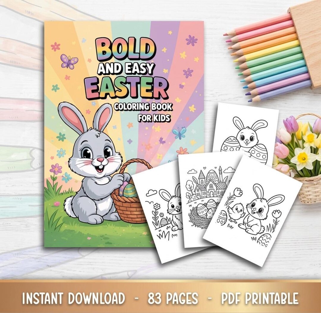 Bold and Easy Easter Coloring Book for Kids, Printable PDF, Bunny and ...
