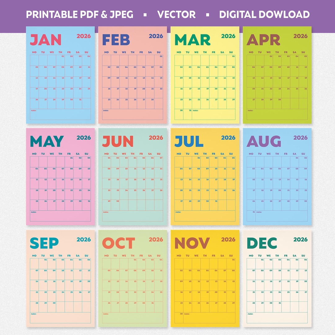 Printable 2026 Wall Calendar • A3 • Colorful Monthly Planner • Monday ...