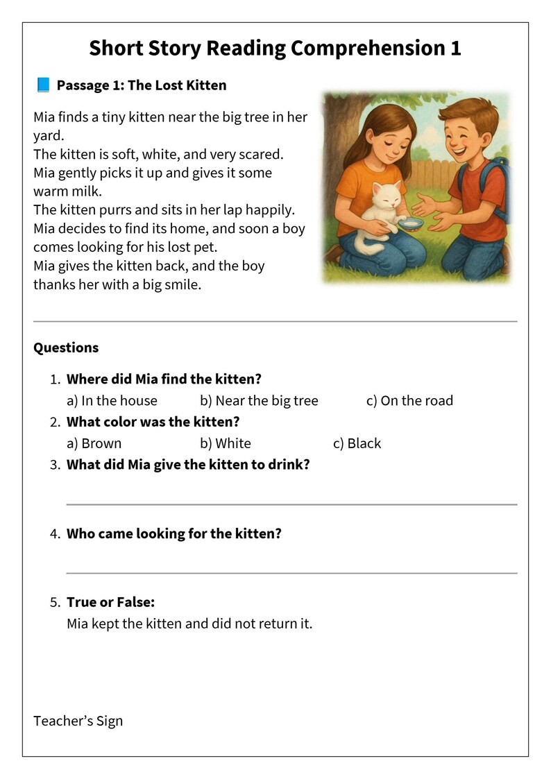 20 Short Story Reading Passages for Grade 1 | Comprehension Worksheets ...
