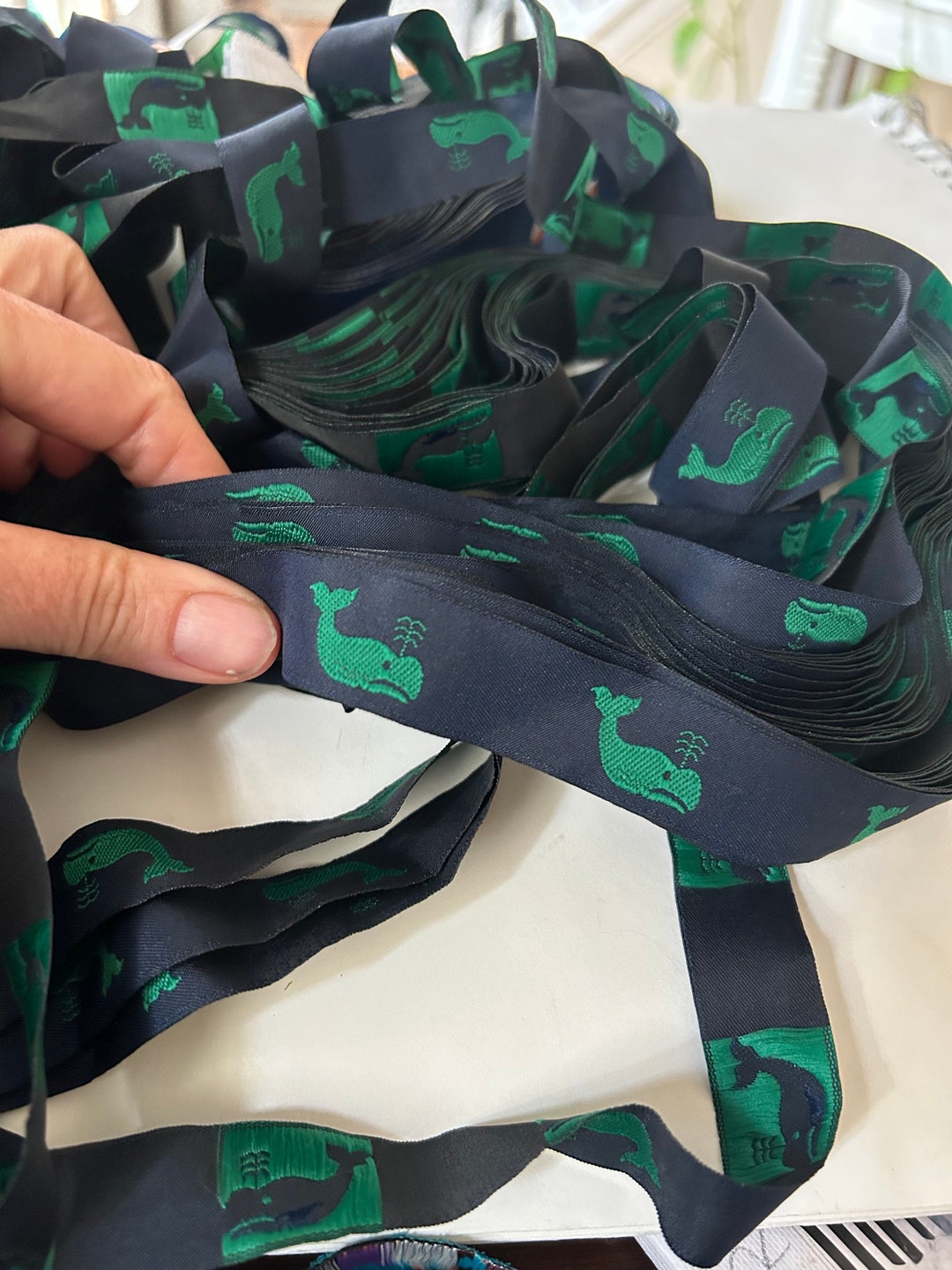 Whale Ribbon Navy Green Whale Ribbon Jacquard Ribbon Nautical Ribbon ...
