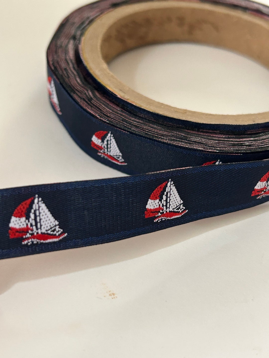 Sailboat Ribbon Navy Anchor Ribbon White and Navy Jacquard Ribbon ...