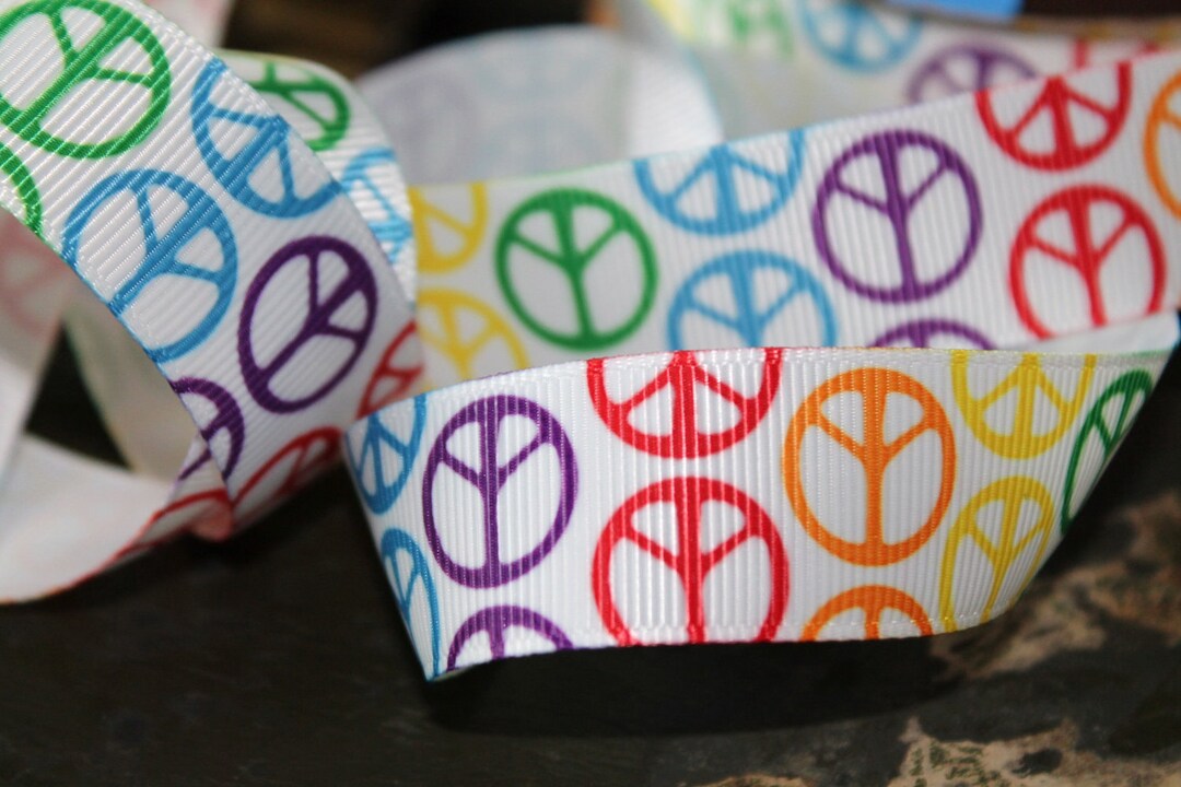 Rainbow Ribbon 7/8 Inch, PEACE SIGN Red, Yellow, Orange, Green, Blue ...