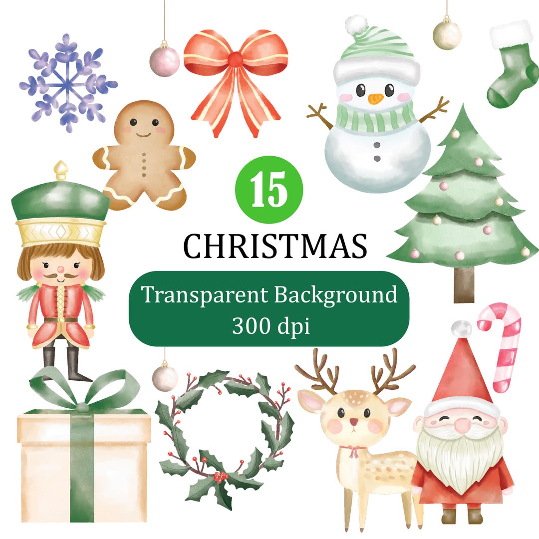 Watercolor Christmas Clipart Bundle – Santa, Reindeer, Tree (PNG ...