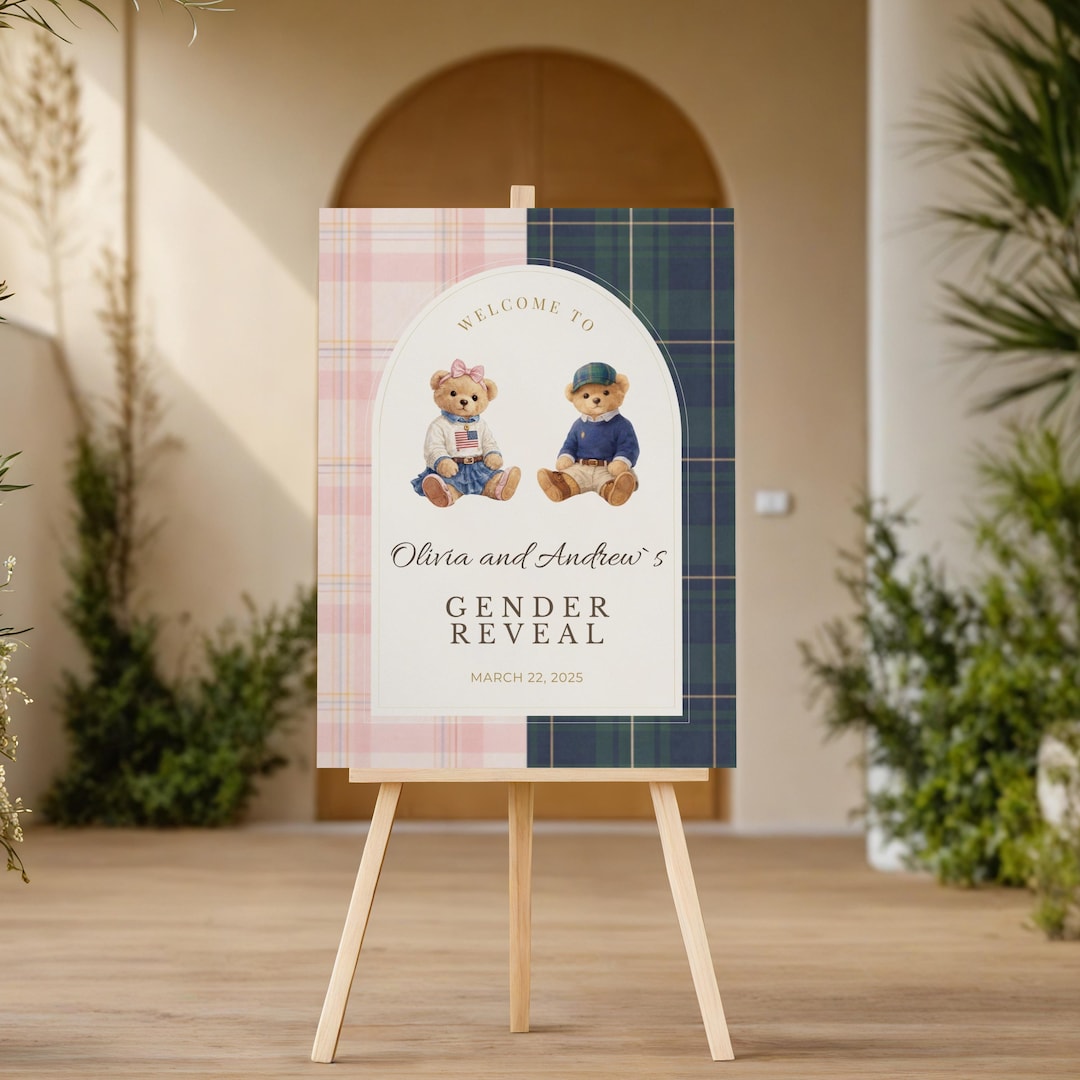Preppy Teddy Bear Gender Reveal Welcome Sign, Plaid Design (editable ...