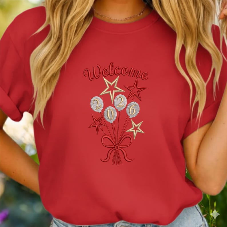 Welcome 2026 Embroidery Design, New Year Balloon Bouquet, Festive Star ...