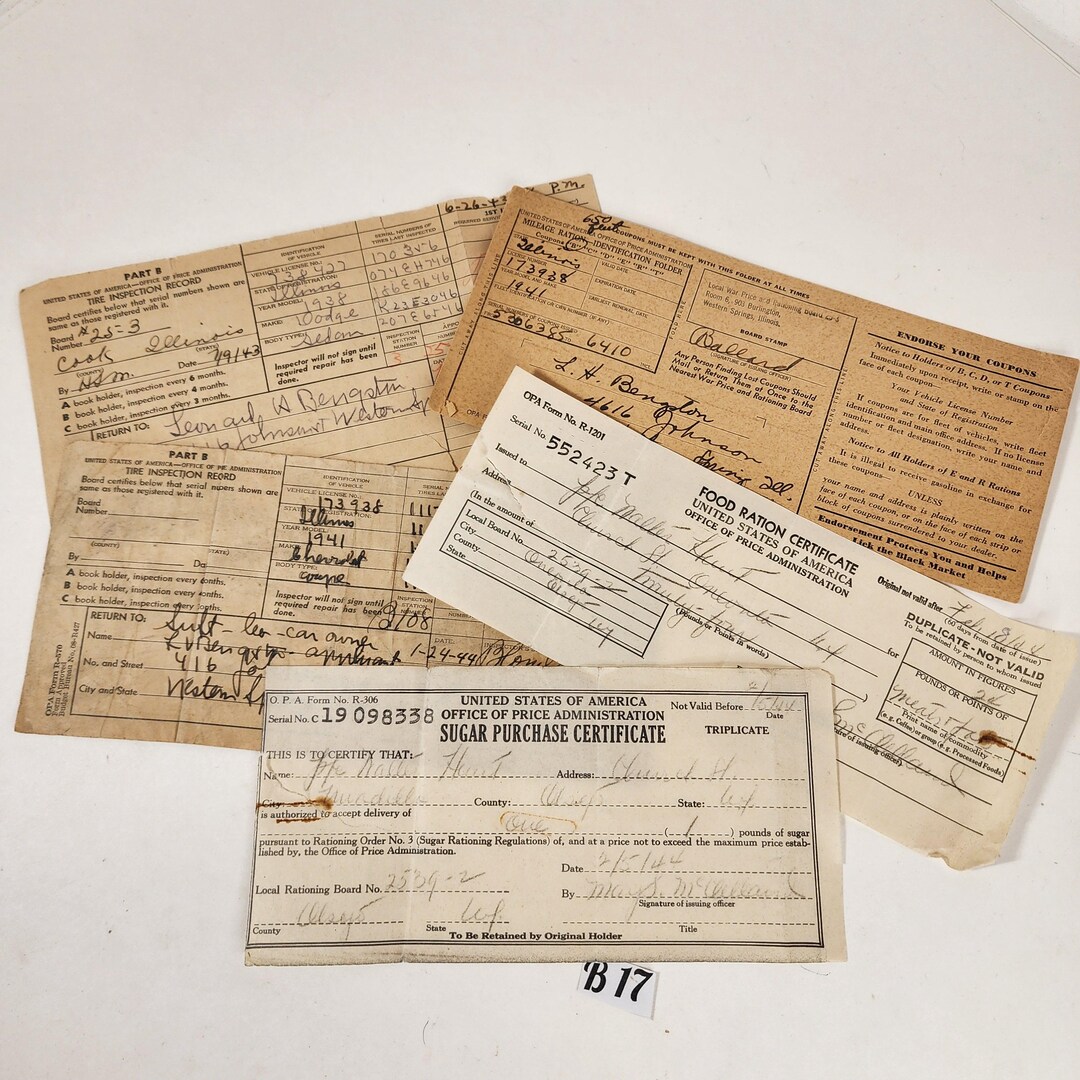 1940s Ration Papers 5 WWII Forms Mileage Ration Records Tire Inspection ...