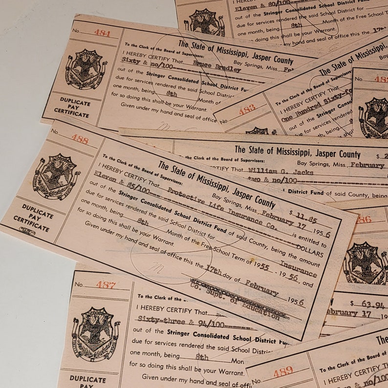 10 Pink Paycheck Receipts 1950s Paper Carbon Copy Certificate Jasper ...