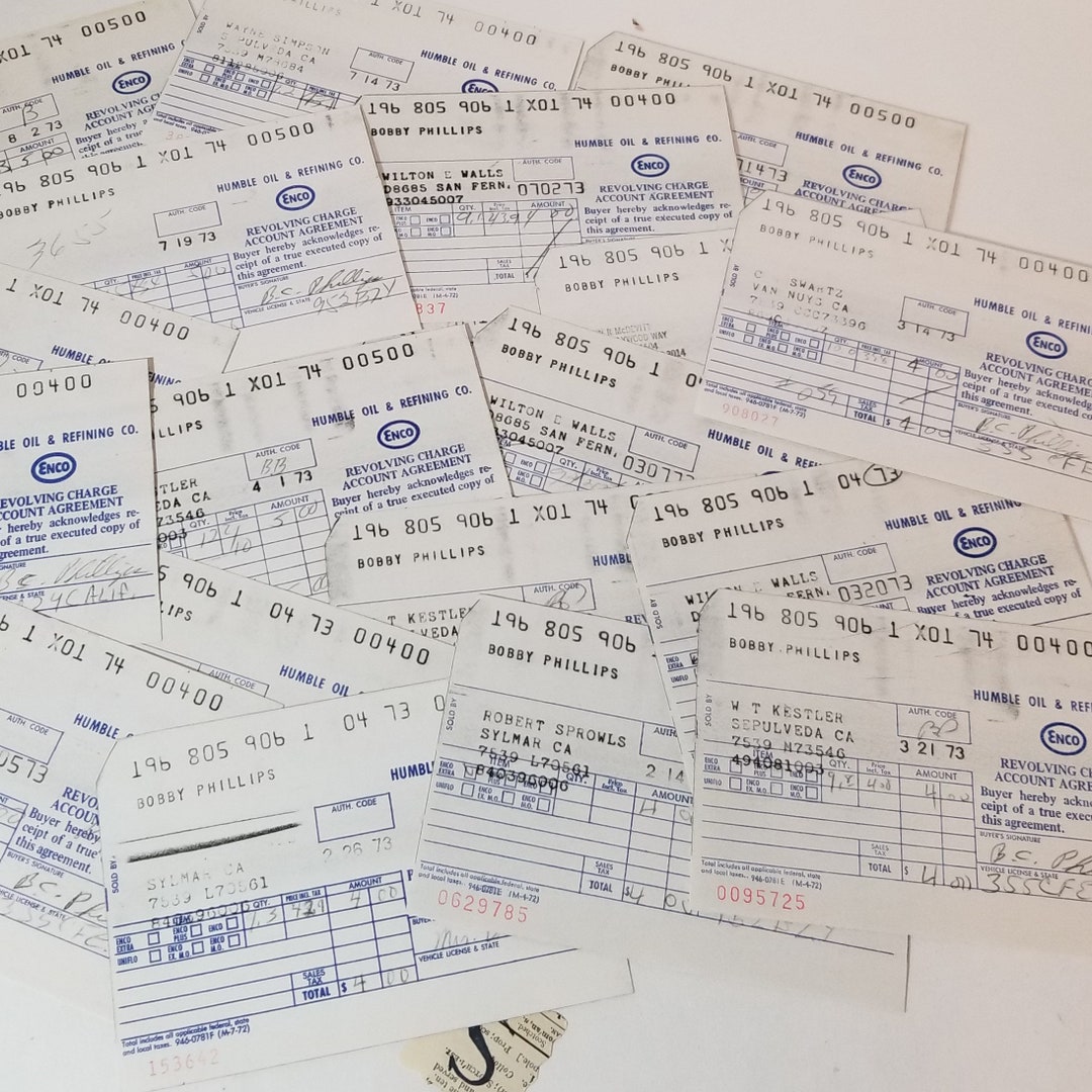 10 Charge Receipts 1970s Exxon Gas Service Station White Blue Cards ...