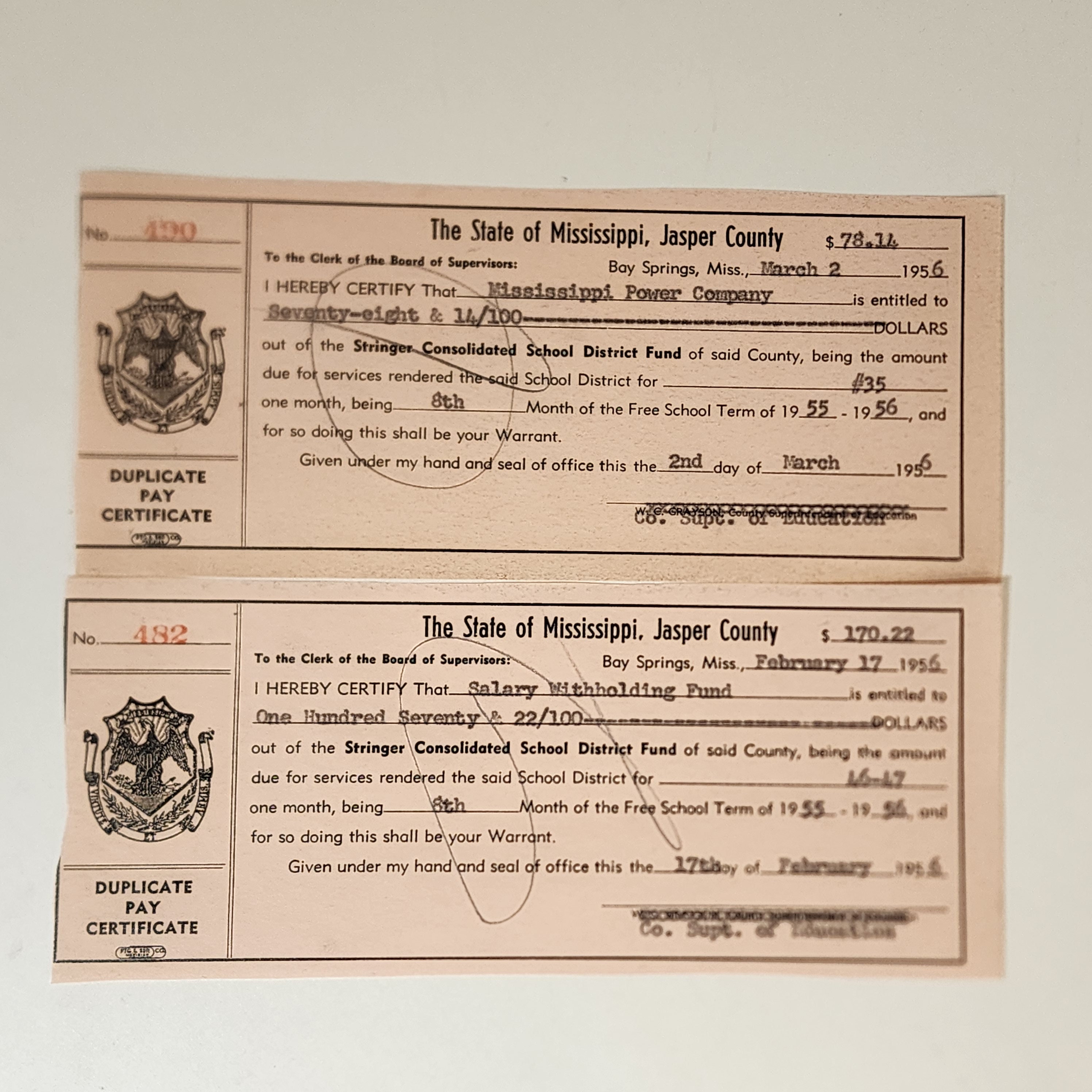 10 Pink Paycheck Receipts 1950s Paper Carbon Copy Certificate Jasper ...