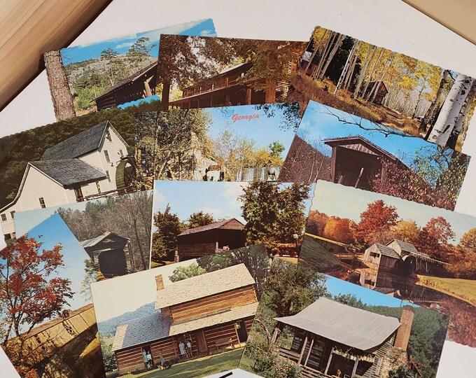 11 Souvenir Postcards Rustic Scenes Covered Bridges Log Cabins Mills ...