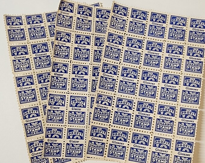 75 Blue Glaszer Trading Stamps 3 Sheets of 25 Savings Stamps Blue White ...