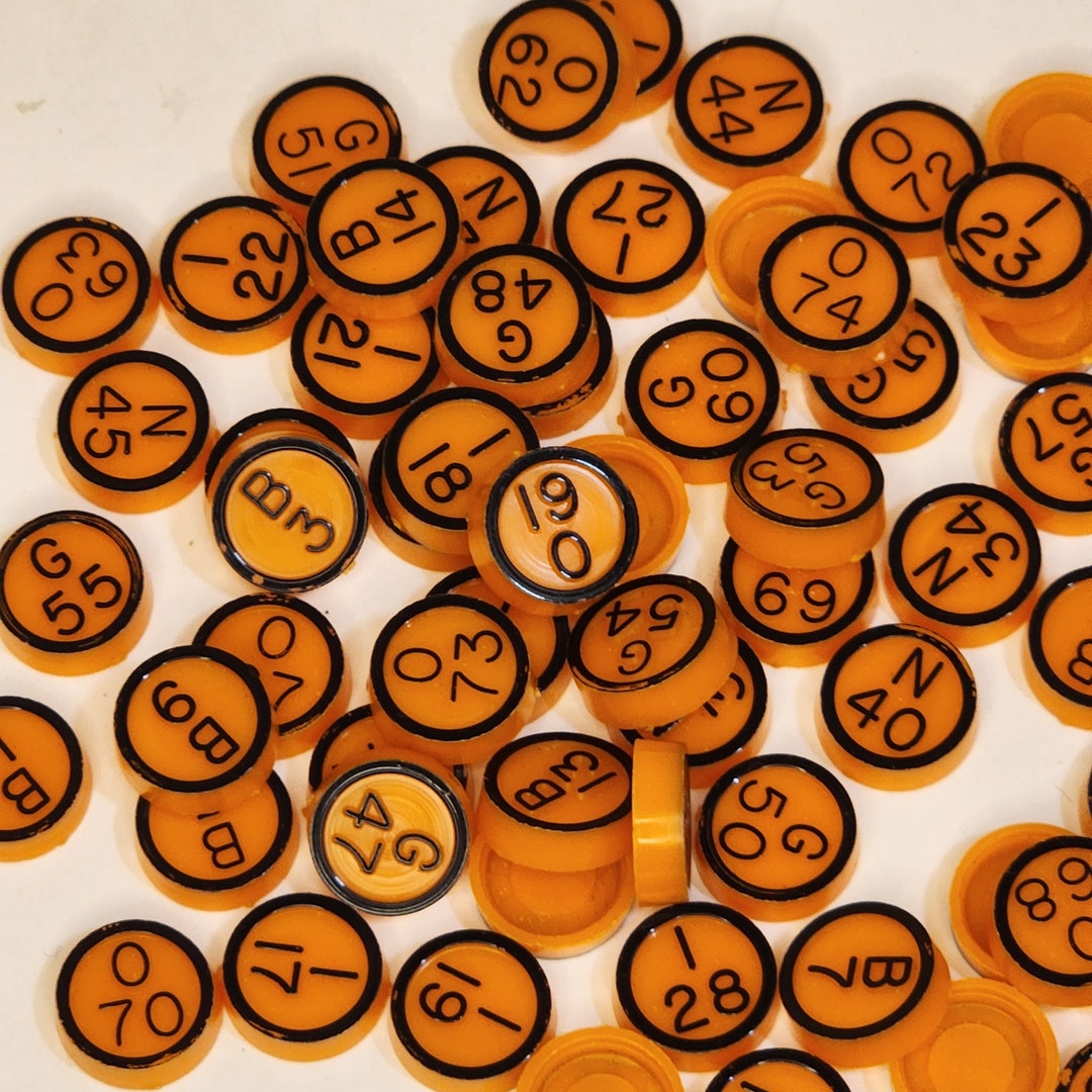 18 Orange Bingo Number Tokens Vintage Game Playing Pieces Plastic Discs ...