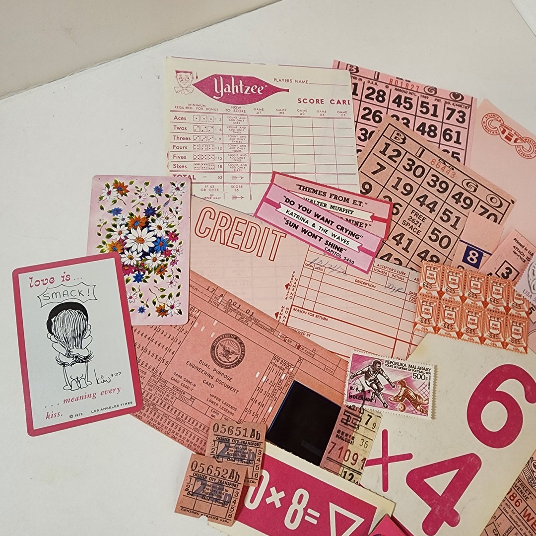 35 Pieces of Pink Ephemera Color Lot Sample Pack Play Money Game Cards ...