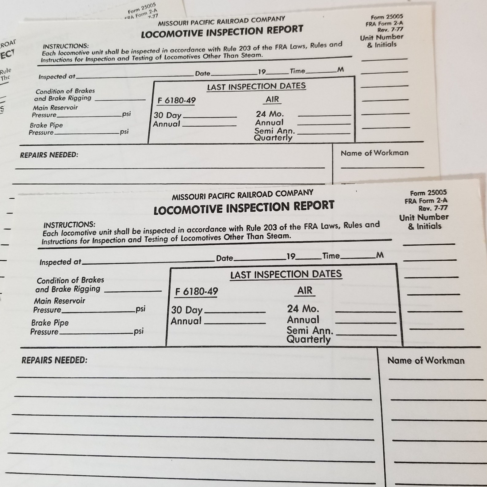 5 railroad locomotive inspection forms blank unused train orders ...