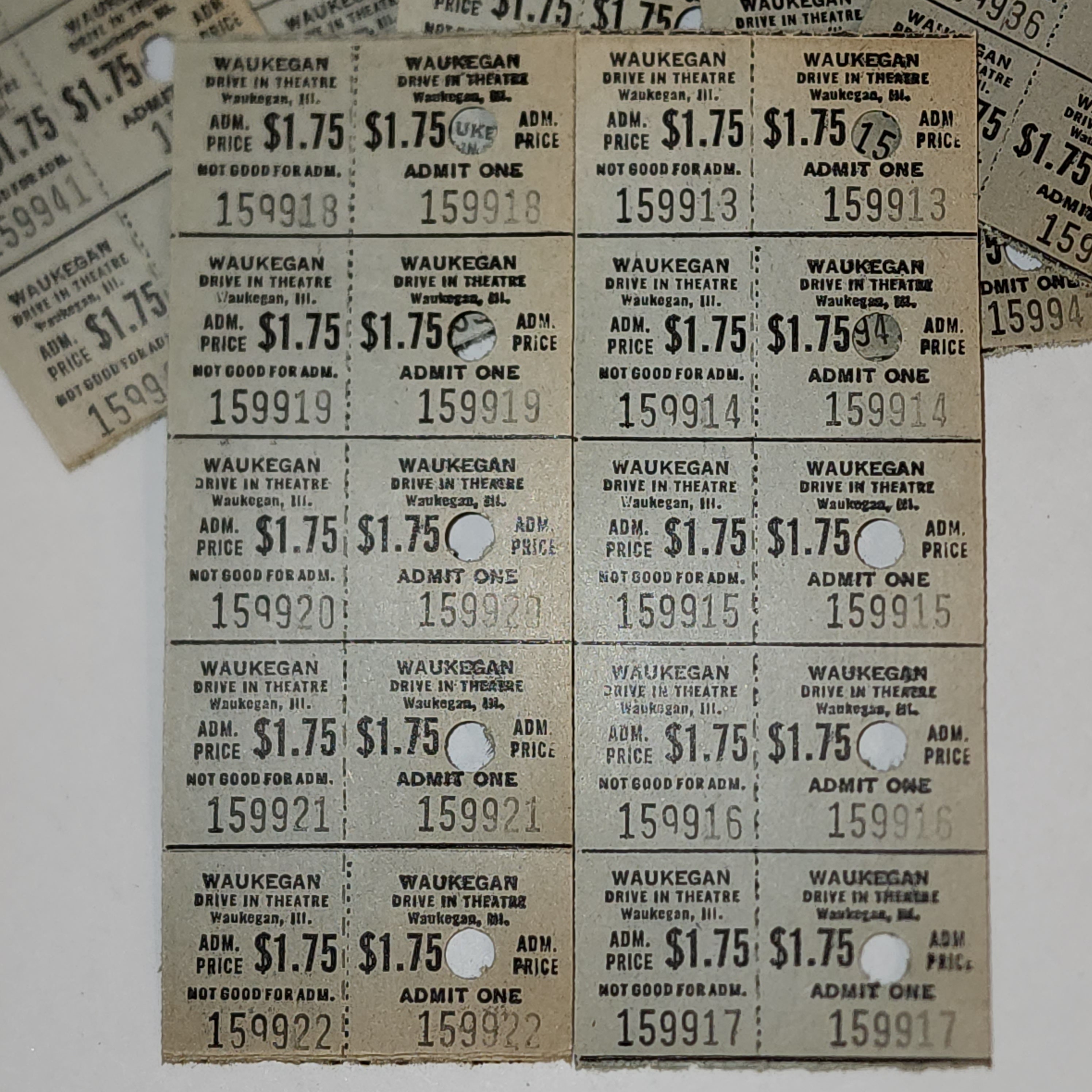 20 Drive in Theater Tickets 4 Strips of 5 Wakegan IL Gray 2 Part Movie ...