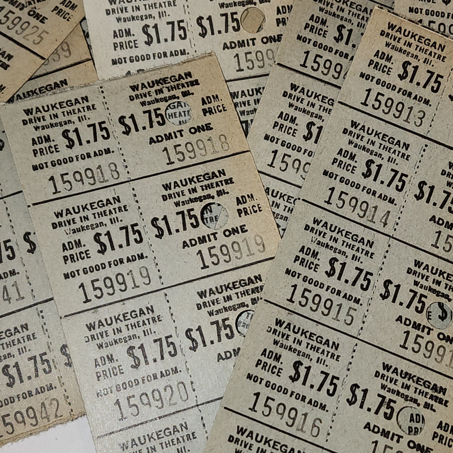 20 Drive in Theater Tickets 4 Strips of 5 Wakegan IL Gray 2 Part Movie ...