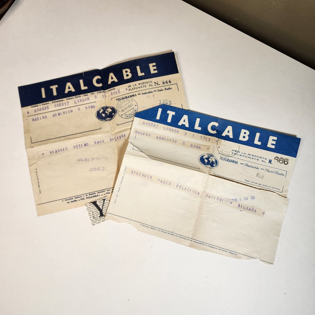 2 Italian Telegrams 1950's Blue White Italcable Teletype Message ...