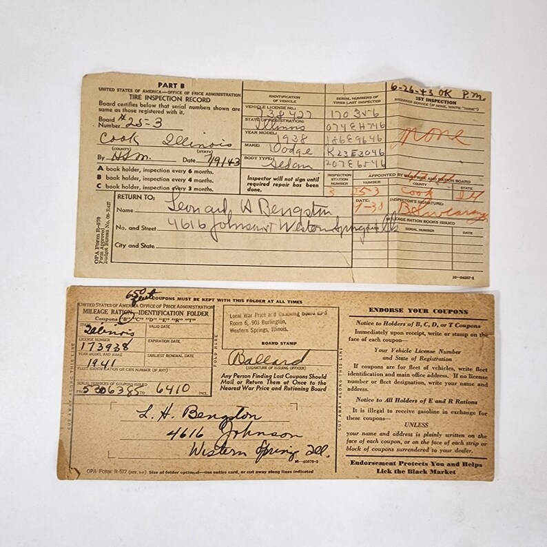 1940s Ration Papers 5 WWII Forms Mileage Ration Records Tire Inspection ...