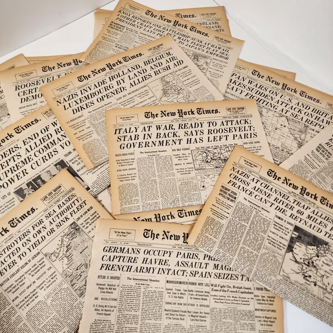 5) 1940s New York Times Newpaper Front Pages Sepia Tone Newsprint ...