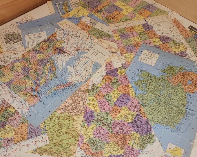 8 Map Book Pages Full Color 1960's Maps US States Countries Vintage ...