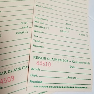 10 Repair Tags Tickets Hang Tags 2 Part Article Label Claim Check ...