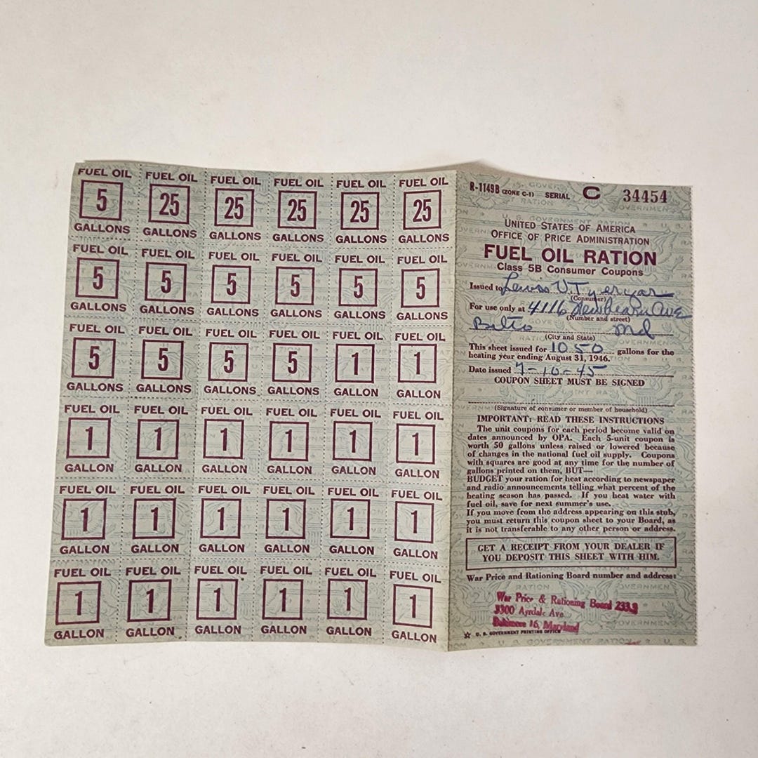 1940s WWII Fuel Oil Ration Stamp Sheet Handwritten Ration Form With ...